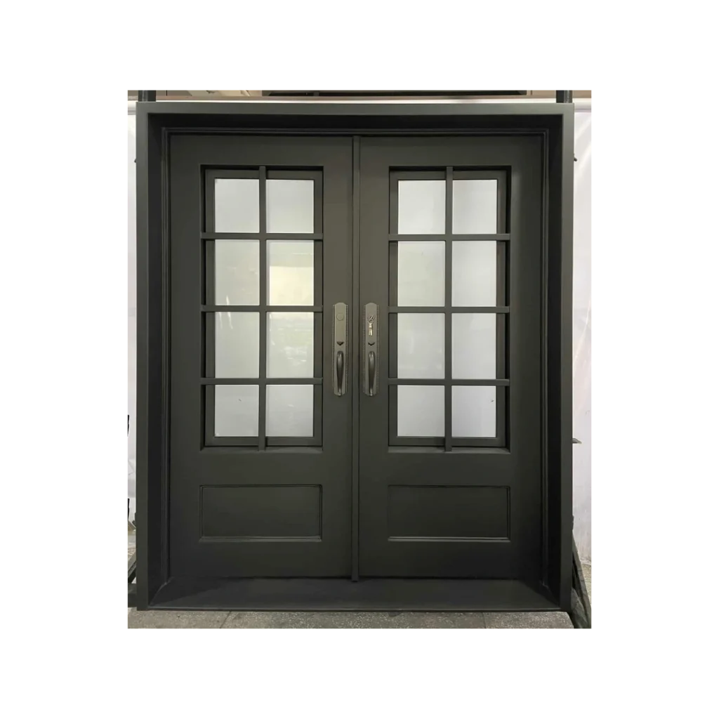 Modern Wrought Iron Double Door With Divided Glass Panels EL1305 MCD