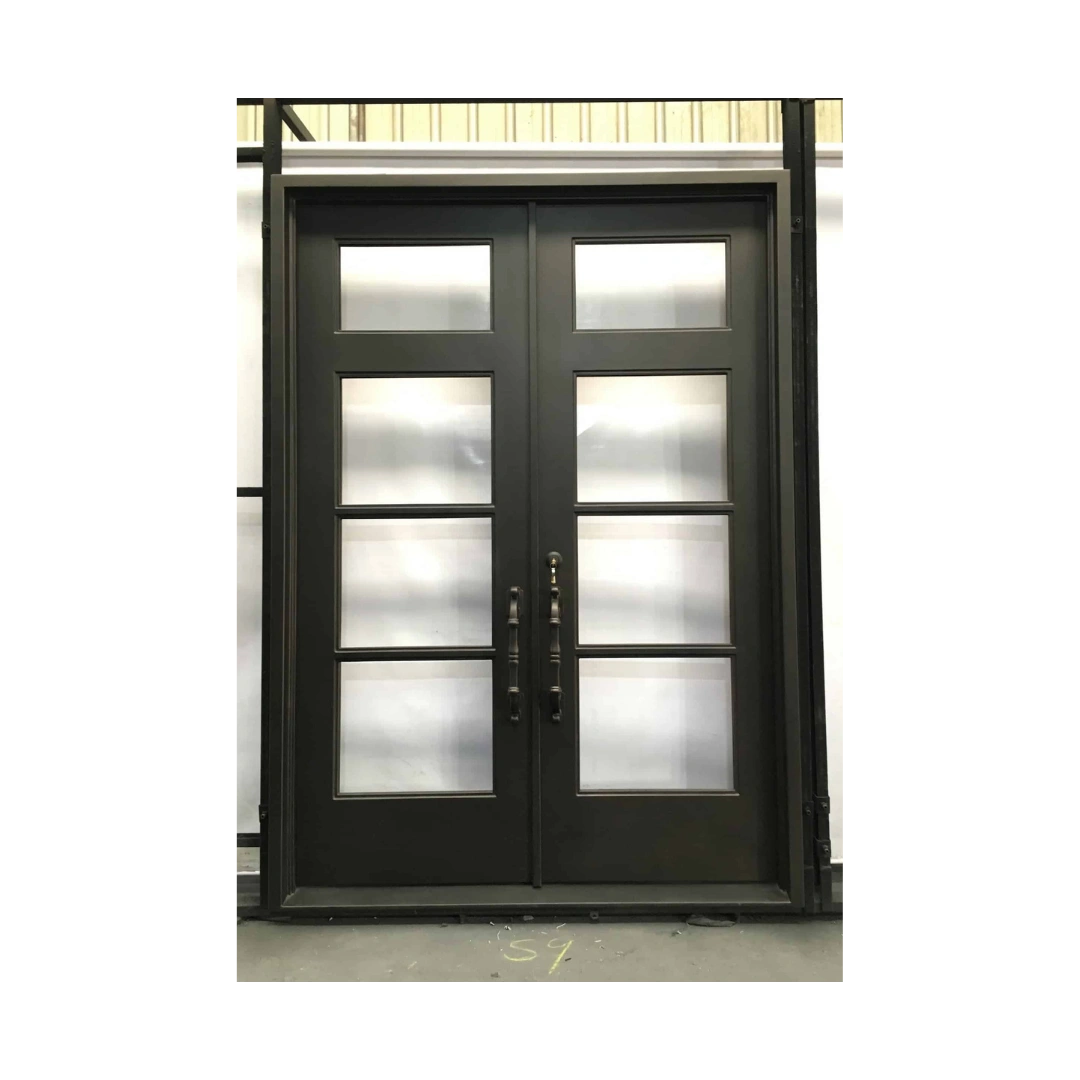 Modern Wrought Iron Double Door With Frosted Glass Panels EL1313 MCD